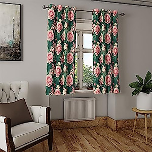 Ambesonne Spring Grommet Curtain, Roses of Garden Blurred Backdrop Close Up Blossoming Romantic Artwork, Decorative Single Panel Drapes for Bedroom Living Room, 50" x 84", Hunter Green Pale Pink