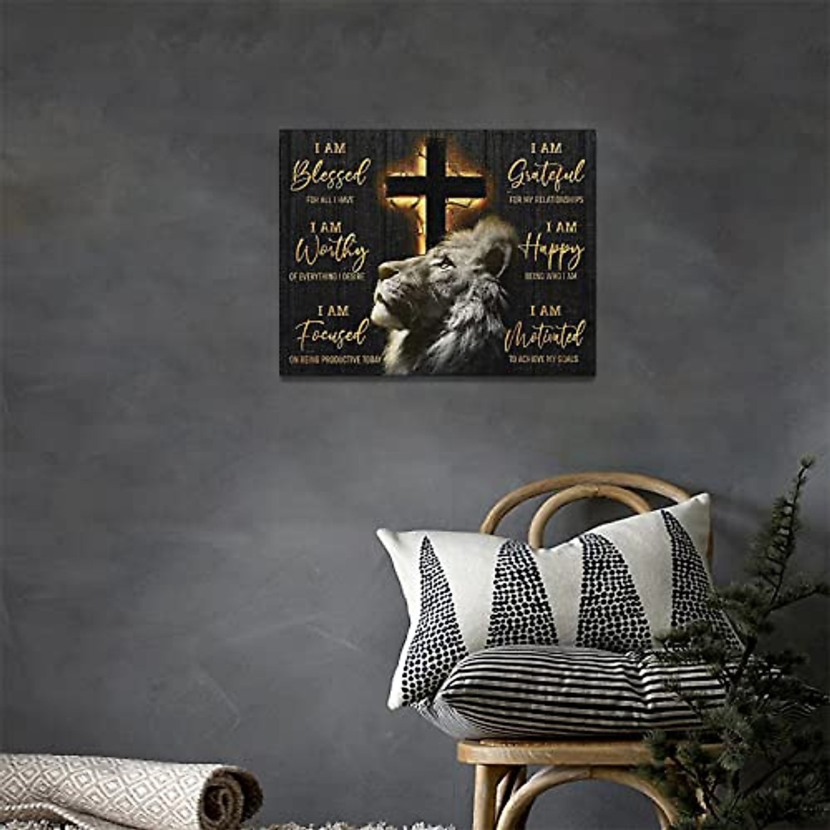 Lion Motivational Canvas Wall Art Christian Cross Lion Wall Decor Jesus Lion of Judah Pictures Prints Inspirational Scripture Gifts Home Framed Artwork for Living Room Bedroom Bathroom 16"x12"