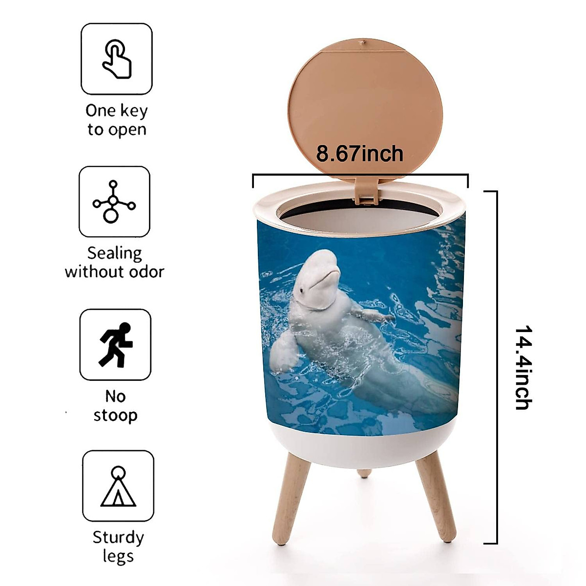 JWHFZMANPYK Round Trash Can with Lid Beluga Whale Press Top Recycle Bin Small Garbage Can Dog Proof Wastebasket Wooden Legs Bathroom Kitchen 7L/1.8 Gallon