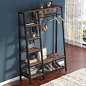 Tribesigns Industrial Entryway Hall Trees with Hooks, Storage Shelves and Shoes Bench, Freestanding Closet Organizer Clothes Rack with Coat Rack, Closet Garments Shelf for Hallway, Bedroom