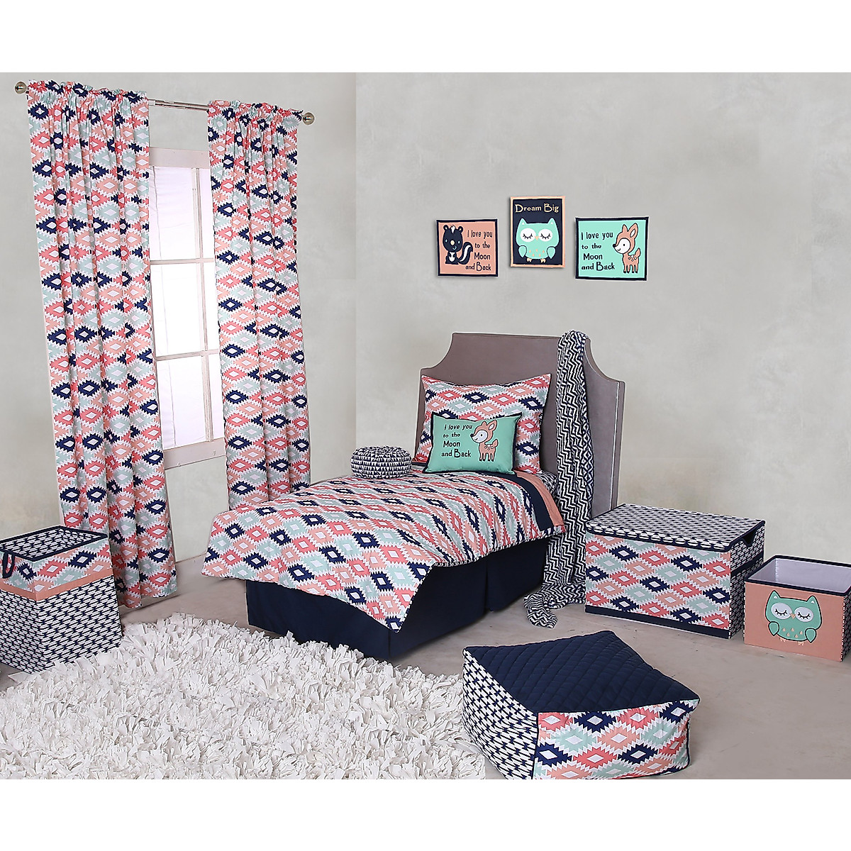Bacati - Emma Aztec Coral/Mint/Navy 4 pc Toddler Bedding Set