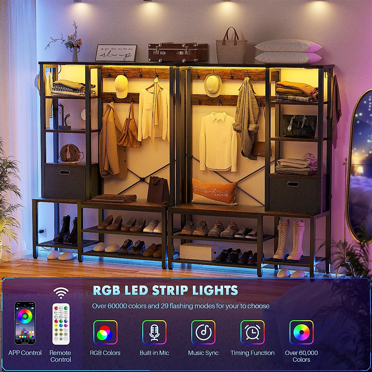 Aheaplus Hall Tree with Storage Bench, Coat Rack with LED Lights, 5-Tier Shelves, Fabric Storage Basket, Side Hooks, 71’’ Industrial 5 in 1 Large Organizer, Sturdy Metal Frame, Rustic Brown