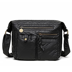 Keyli Crossbody Bags Christmas Gifts for Women Soft Washed Leather Crossbody Purse Retro Classic Shoulder Bags Messenger Lightweight Waterproof Satchels with Multi Pockets Travel Shopping Black