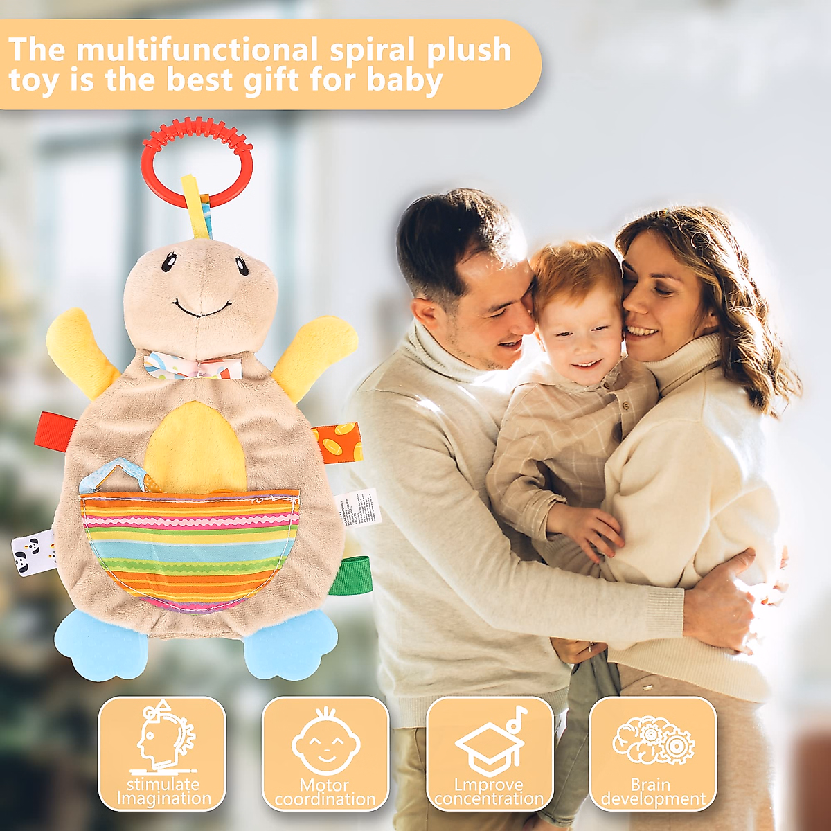 Baby Teething Cuddly Teether with Bee Character, 3 Textured Teething Places, BPA-Free Silicone, Soft Fabric Textures to Explore, and Crinkle Sounds to Discover