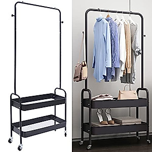 LOHISHILO 2-in 1 Clothing Rack Portable Clothes Hanger Stand with 2 Tier Metal Basket Rolling 4 Wheels, for Hallway, Living Room, Bedroom, Dressing Room, Laundry Room(2-in 1 Black)