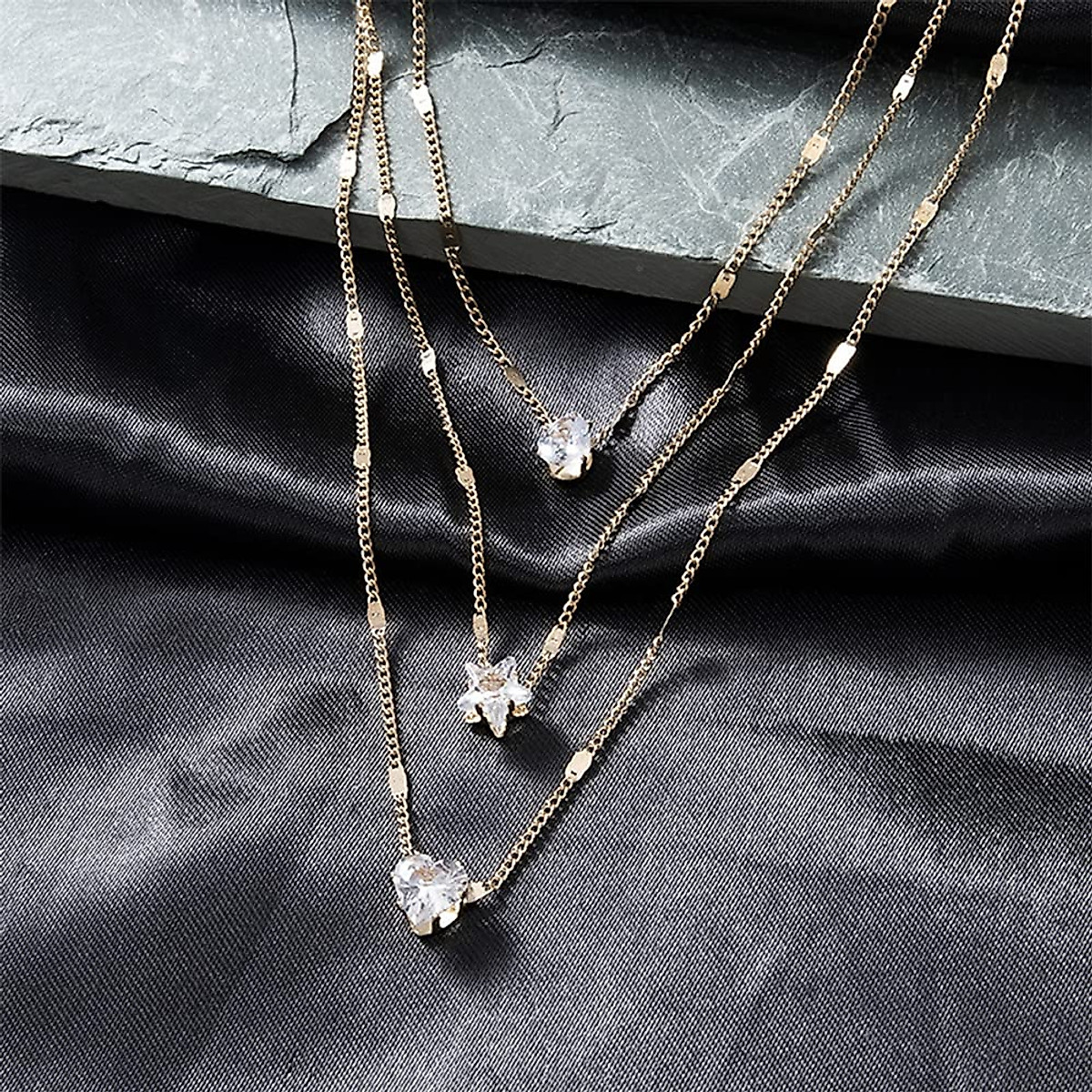 Chmier Boho Layered Crystal Necklace for Women Adjustable Delicate Star Choker Necklace Heart Water Droplets Pendant