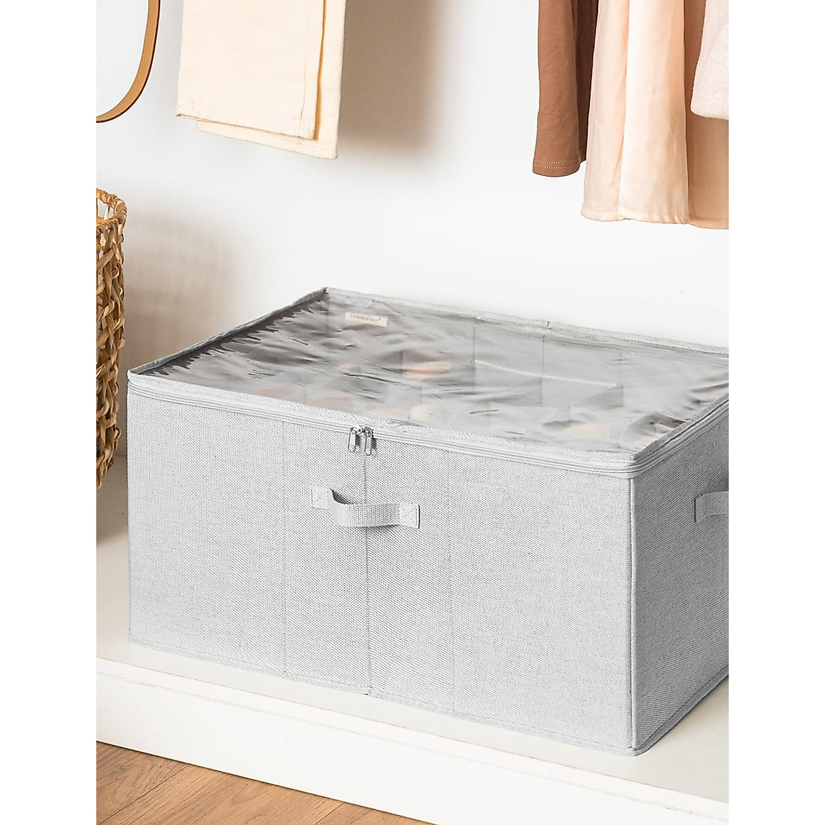 StorageWorks Shoe Organizer for Closet, Extra Large Fabric Shoe Storage Bins with Clear Cover, Adjustable Dividers for Shoe Storage, Grey, 1-Pack, Fits up to 24 Pairs