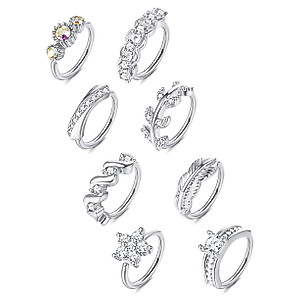 ORAZIO 8Pcs 20G Stainless Steel Nose Ring Hoop Paved CZ Leaf Cartilage Earring for Women Body Ear Piercing Hoop Ring for Nose Ear Cartilage