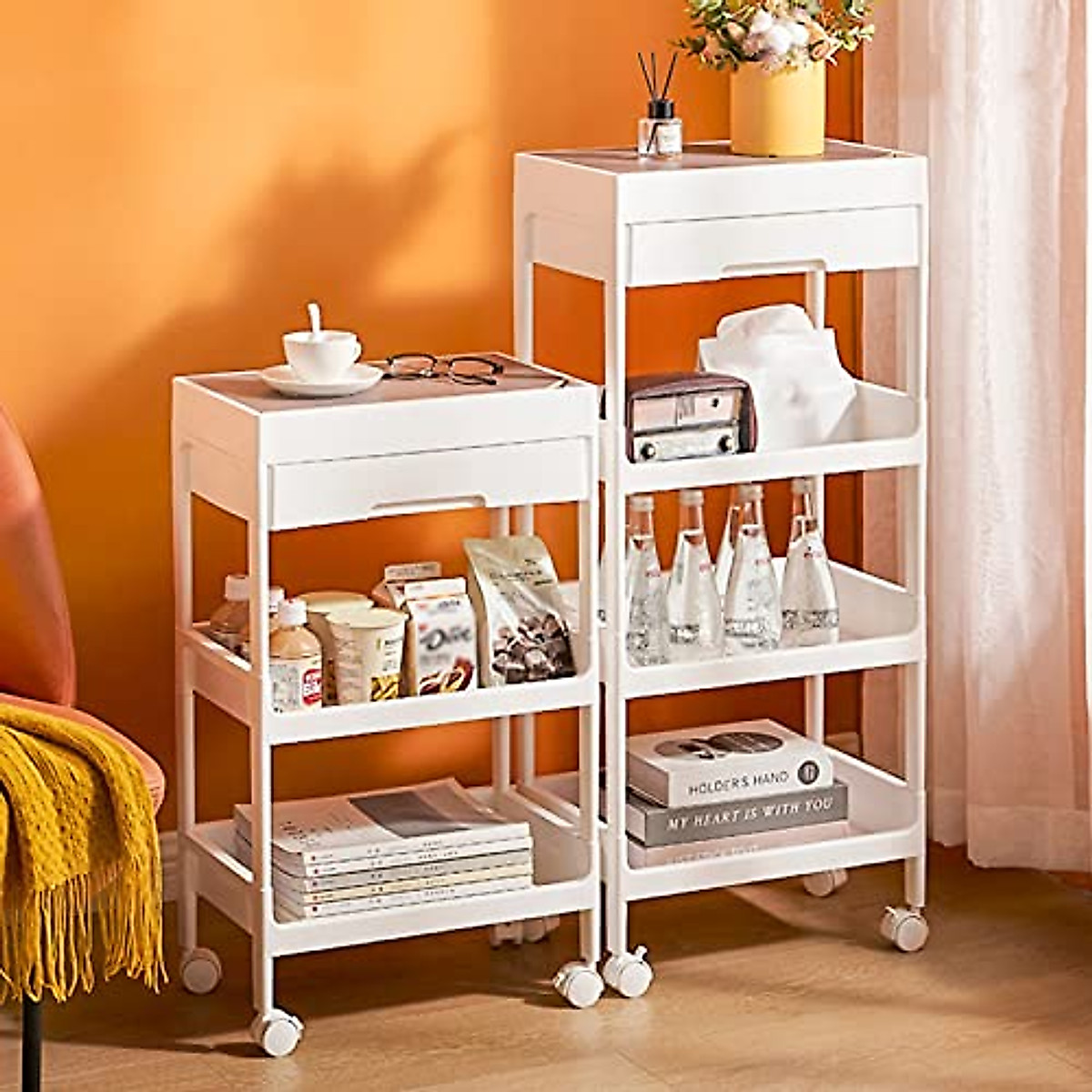POCHY Multipurpose Kitchen Storage Wagon Service Trolley Cart 3 Tier Rolling Cart with Lockable Wheels Multifunction Movable Storage Shelves for Bathroom Office Balcony Living Room (Color : White, S