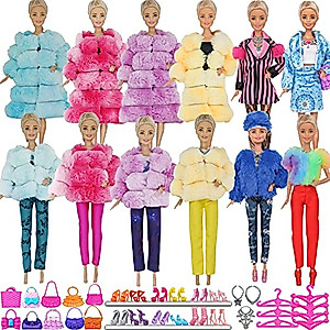 EuTengHao 11.5 Inch Doll Winter Clothes Fur Coat Jacket Set Include Shoes Necklaces Bags Hangers for 30cm Girl Dolls, Fashion Tops Jeans T-Shirt Dress Skirt Hat Casual Outfits for Doll Toys Girl Gift