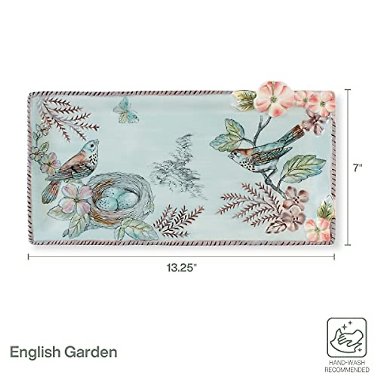 Fitz and Floyd English Garden Elongated Serving Tray, 13.25 Inch, Blue