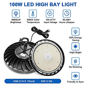 Eilpass LED Shop Lights for Garage Super Bright High Bay Light 100W 16000LM 5000K with 110V 5' Cable Plug in&US Hook,UFO High Bay LED Shop Lights for Workshop Warehouse (1 Pack)