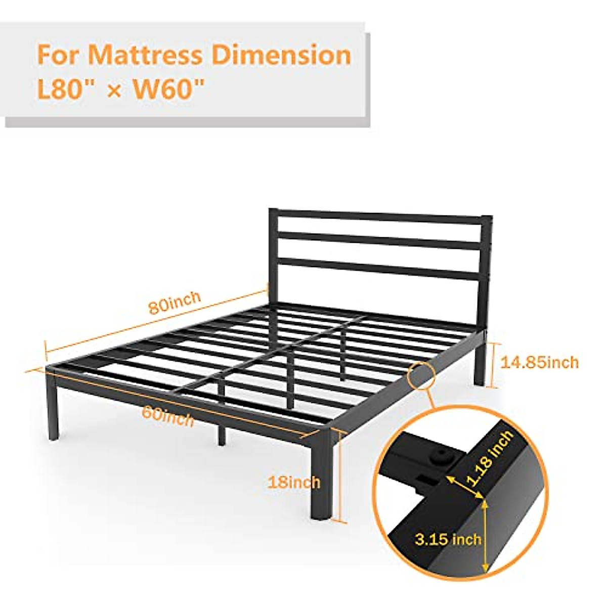 Woozuro 18 Inch Queen Bed-Frame with Headboard and 6PCS Mattress Gaskets No Slip Foundation No Box Spring Needed