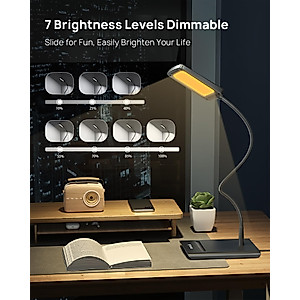 TROND Desk Lamp, Dimmable Eye-Caring Task Lamp, 3 Color Modes 7 Brightness Levels Table Lamp, Flexible Gooseneck Lamp, Desk Light for Home Office Bedroom Kitchen Nightstand Reading, 6000K, 10W, Black