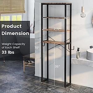 Giantex Over The Toilet Storage Rack, 4-Tier Wooden Bathroom Space Saver w/Metal Frame & 2 Hooks, Freestanding Above Toilet Storage Shelf w/Adjustable Feet, Black + Rustic Brown