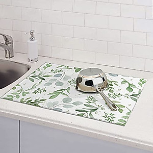 Vodbne Sage Green Leaves Dish Drying Mat XL for Kitchen Counter Microfiber Absorbent Dish Draining Reusable Washable Large 18"x24"