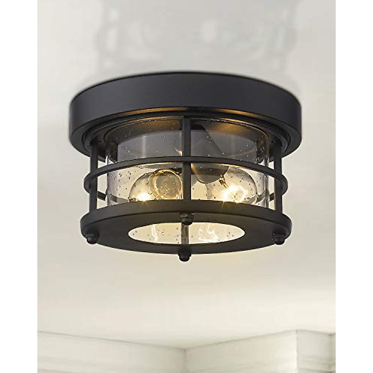 Emliviar 2-Light Round Ceiling Light Fixture, Farmhouse Flush Mount Ceiling Light 10 Inch, Black Finish, WE2085F BK