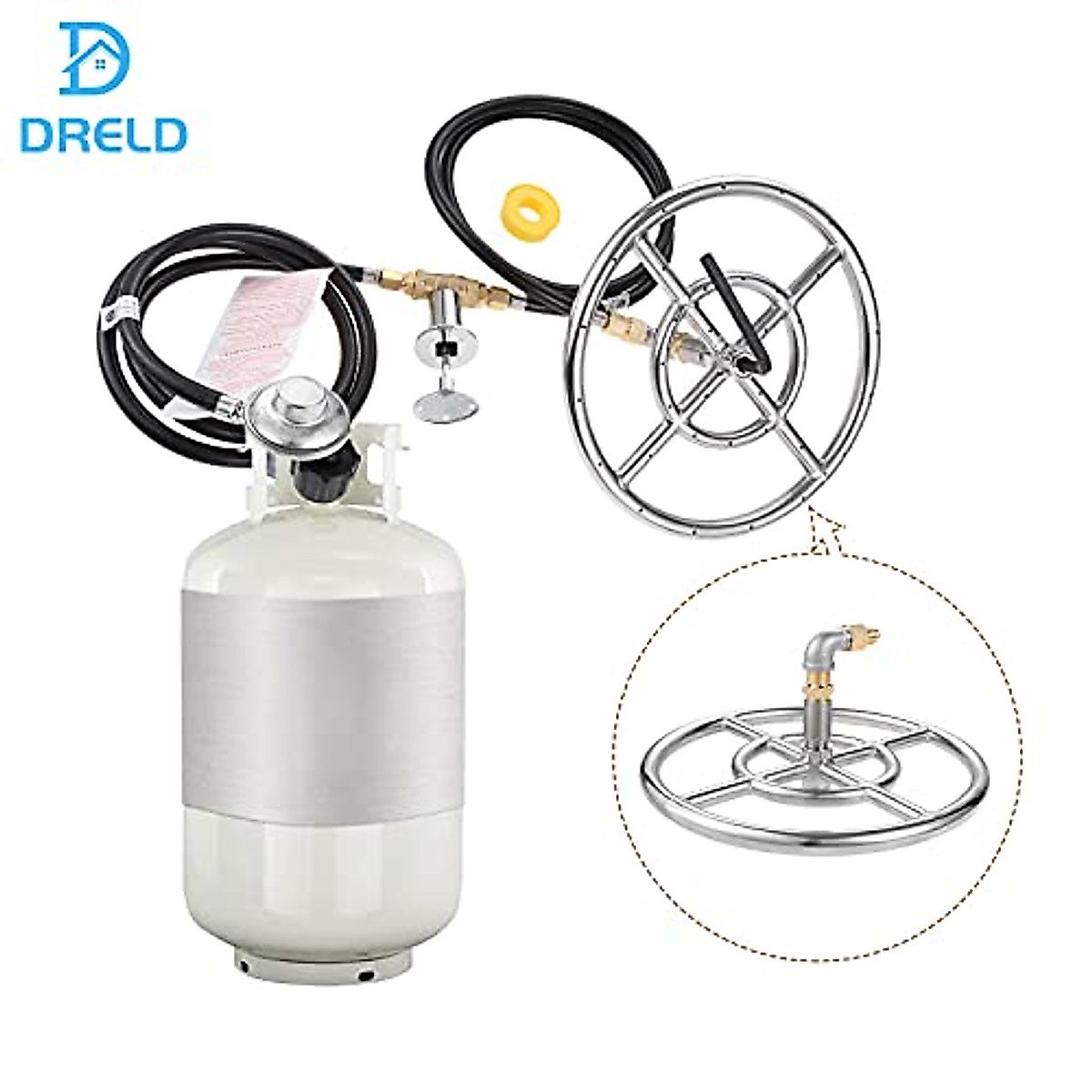12" Fire Pit Ring Burner Kit, LP Propane Gas Fire Pit Stainless Steel Burner Ring Installation Kit, for Fire Pit Indoor Outdoor Camping Fireplaces with 1/2 Key Valve Air Mixer Valve Regulator Hose