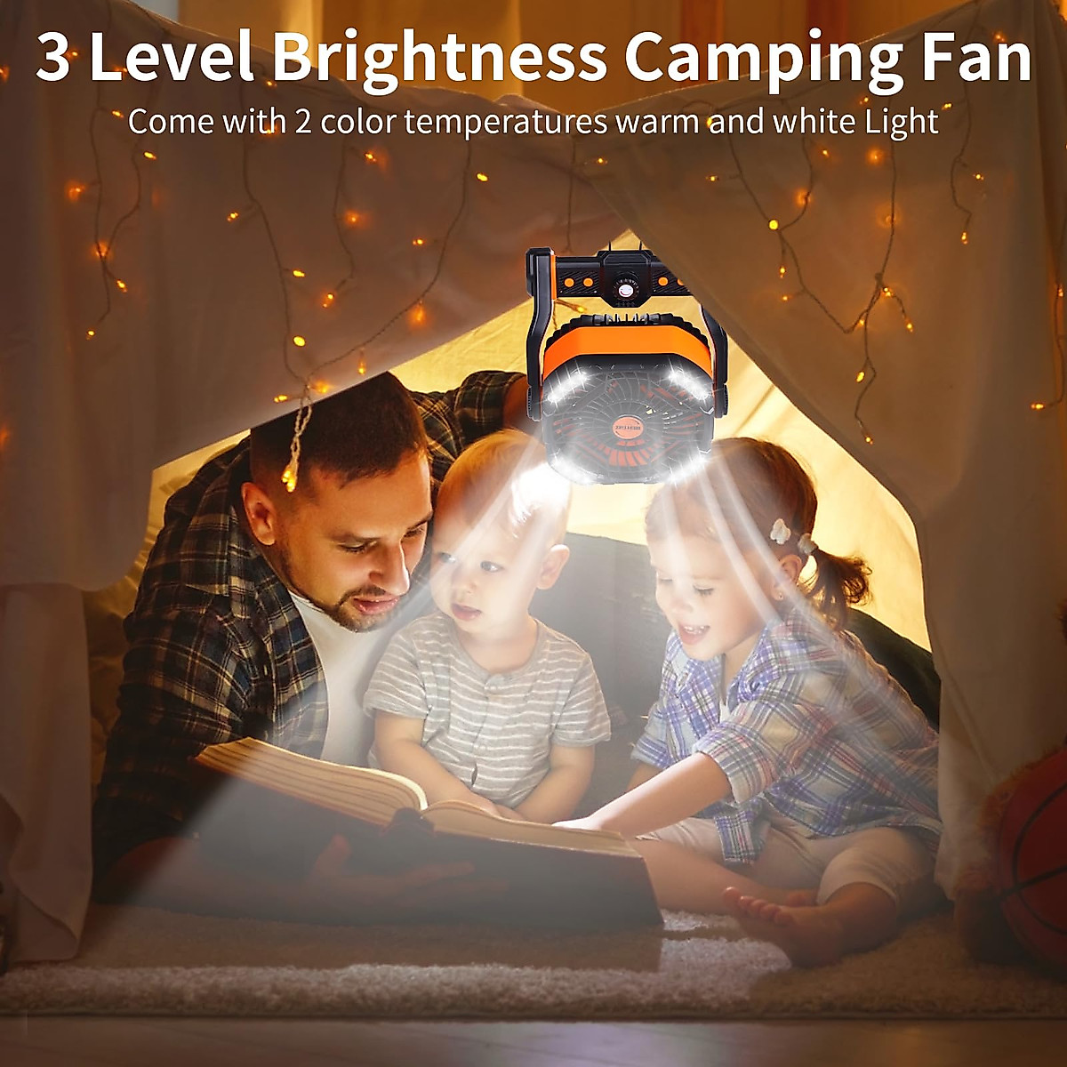 20000mAh Battery powered fan Camping Fan essentials,Portable fan Battery Operated fan, Rechargeable Battery Operated Outdoor Tent Fan with Light & Hook,Personal USB Desk Fan for Camping,Orange