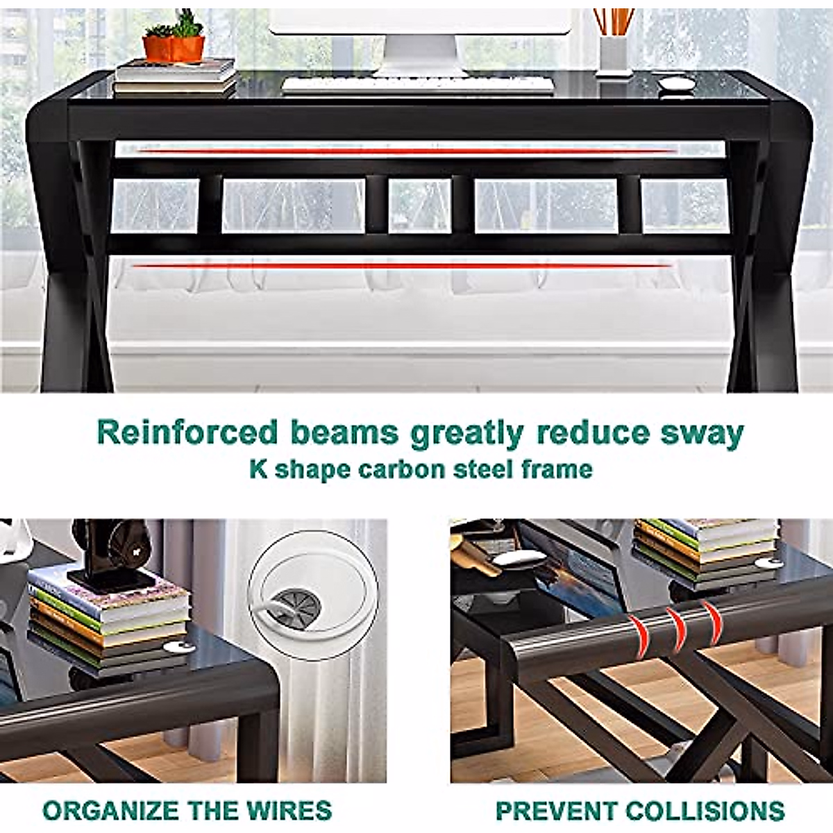 SAMERY Computer Desk Home Office Desks, 55.1 Inch Modern Simple Office Black Glass Desk Computer Table Study Gaming Writing Desk, Fashion Strength Tempered Glass Office Laptop Desk