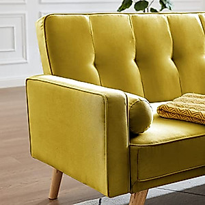 FULife Convertible 3 in1 Loveseat Sofa Futon Couch Sleeper Pullout Chaise Lounge Recliner Chair Reversible Folding Daybed Guest Bed,2-Seat Sofá,Adjustable Back,600lb Capacity, Yellow Linen Fabric 72"w