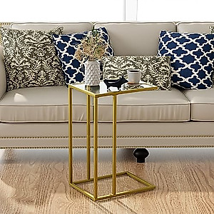 Easy Paws C Shaped Glass End Table, Small Gold Sofa Side Table, Narrow Snack Side Table with Metal Frame &Tempered Glass, TV Tray Table for Small Space, Easy Assembly,Gold