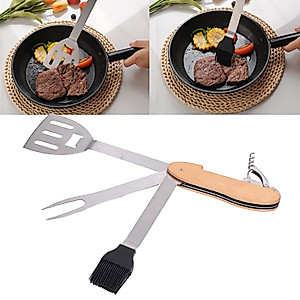 Grill Tools for Outdoor Grill, BBQ Tool Set 5 in 1 Multifunction Foldable Portable Spatula Brush Fork Bottle Opener Stainless Steel Grill Combo Set