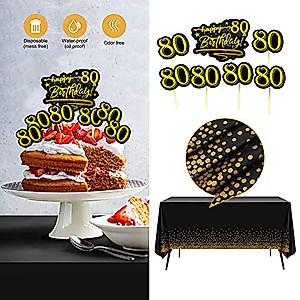 80th birthday decorations for men women - (76pack) black gold party Banner, Pennant, Hanging Swirl, birthday balloons, Tablecloths, cupcake Topper, Crown, plates, Photo Props, Sash for gifts