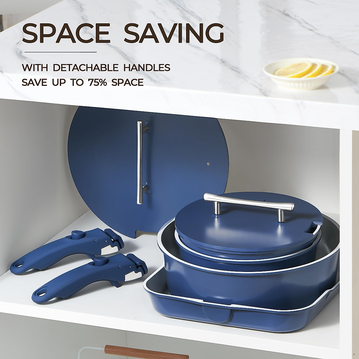 Pots and Pans Set with Detachable Handle - 12 Pcs Nonstick Ceramic Cookware Set with Lids, Non Toxic Cookware Set, RV Cookware Set,Camping Cooking Set, PTFE & PFOA Free,Oven Safe,Space Saving- Navy