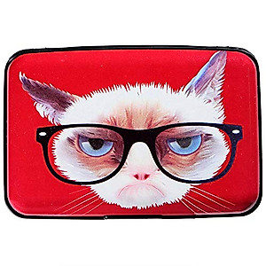 GULILASA Credit Card Holder Aluminum Wallet RFID Blocking Metal Slim Hard Case (Cat and Glasses)
