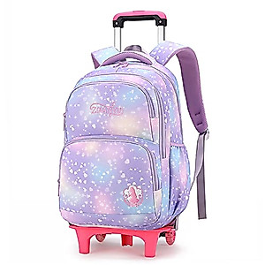 LANSHIYA Dream Princess Wind Rolling Backpack for Girls Wheeled Travel Bag Trolley School Bag Purple Two Wheels