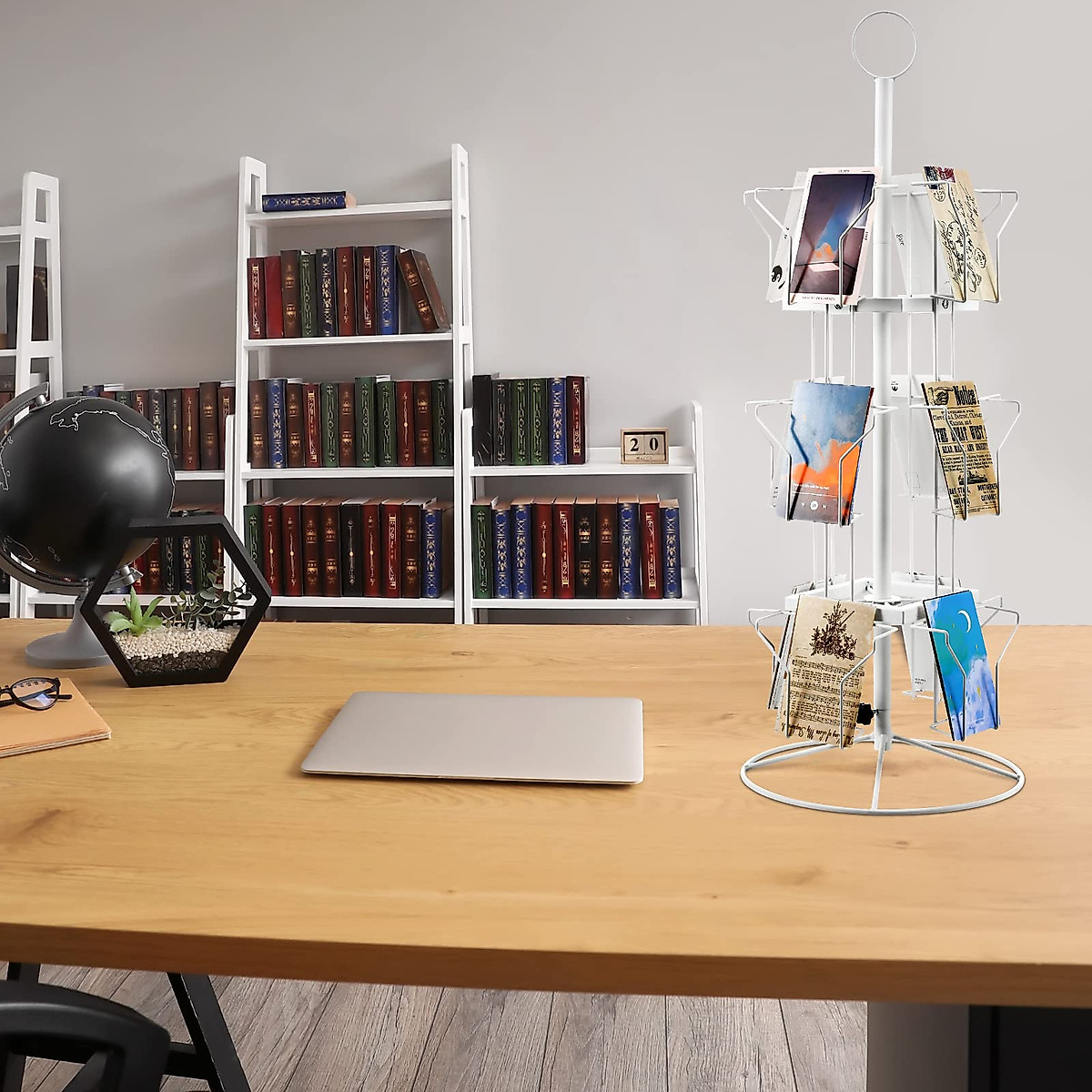 12 Pockets Countertop Rotating Greeting Card Rack with 200 Clear Resealable Polypropylene Bags 3 Tier Metal Display Stand Spinning Floor Stand Pocket Rotating Holder for Stickers Showcase (White)