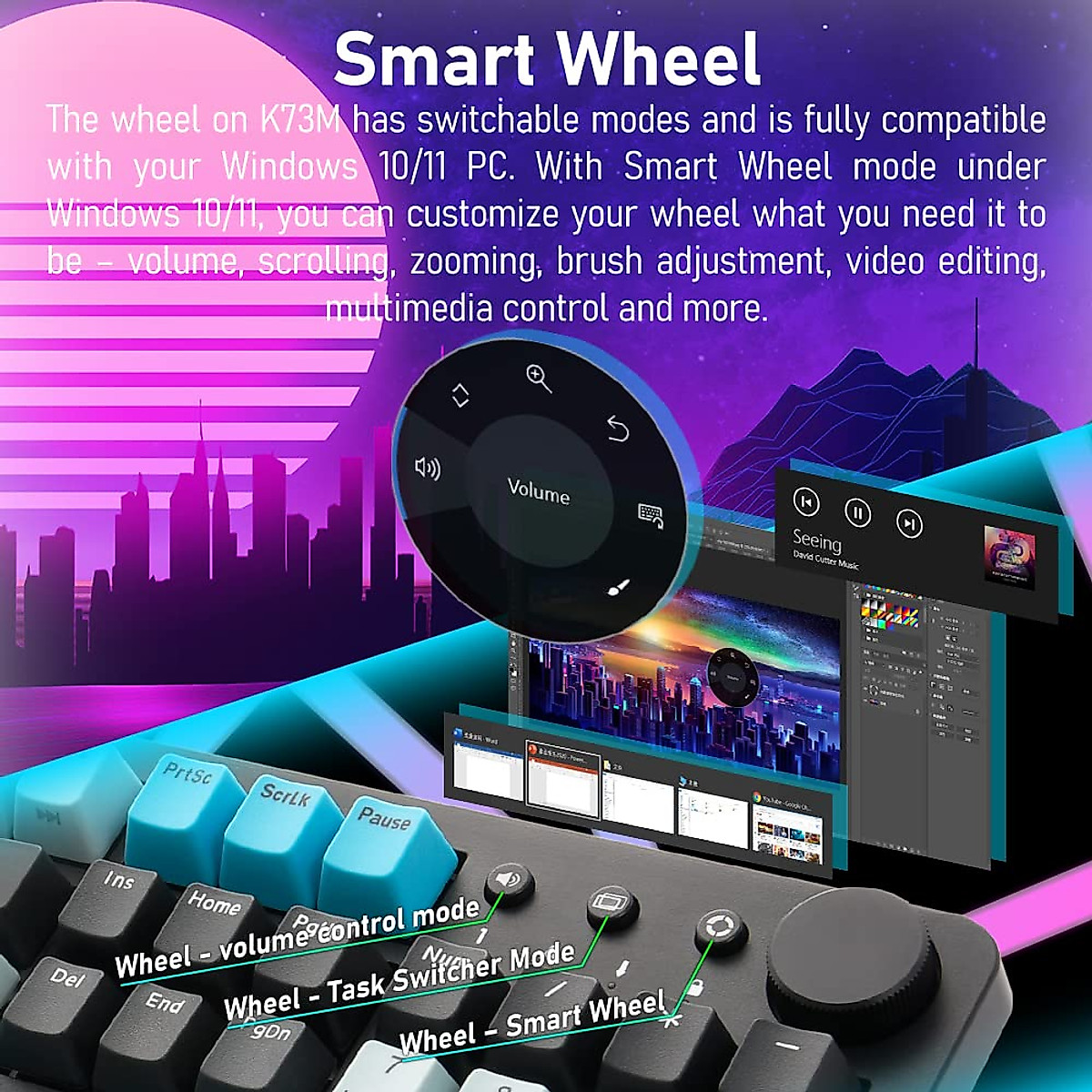 i-rocks K73M Mechanical Gaming Keyboard with Media Control Knob, 107 Keys, PBT Keycaps, Multimedia Hotkeys, Detachable USB-C Cable (Cherry MX Brown Switches, Cyberpunk Blue)