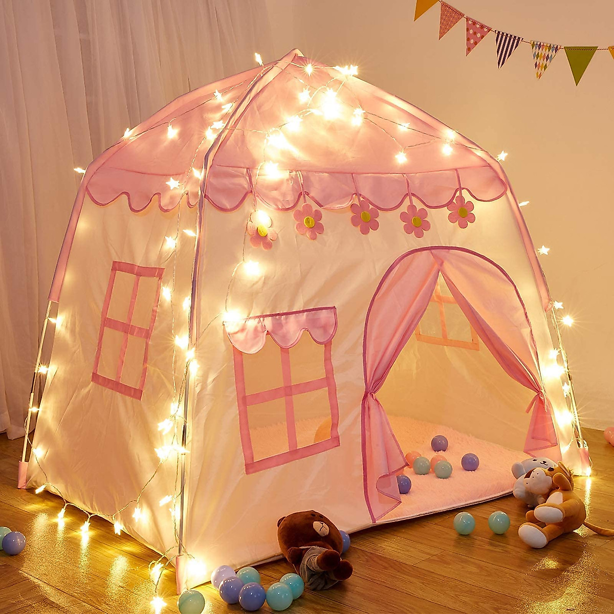 TTLOJ Kids Play Tent and Rectangle Kids Rug Set, Pink Girls Tent, Pink mat