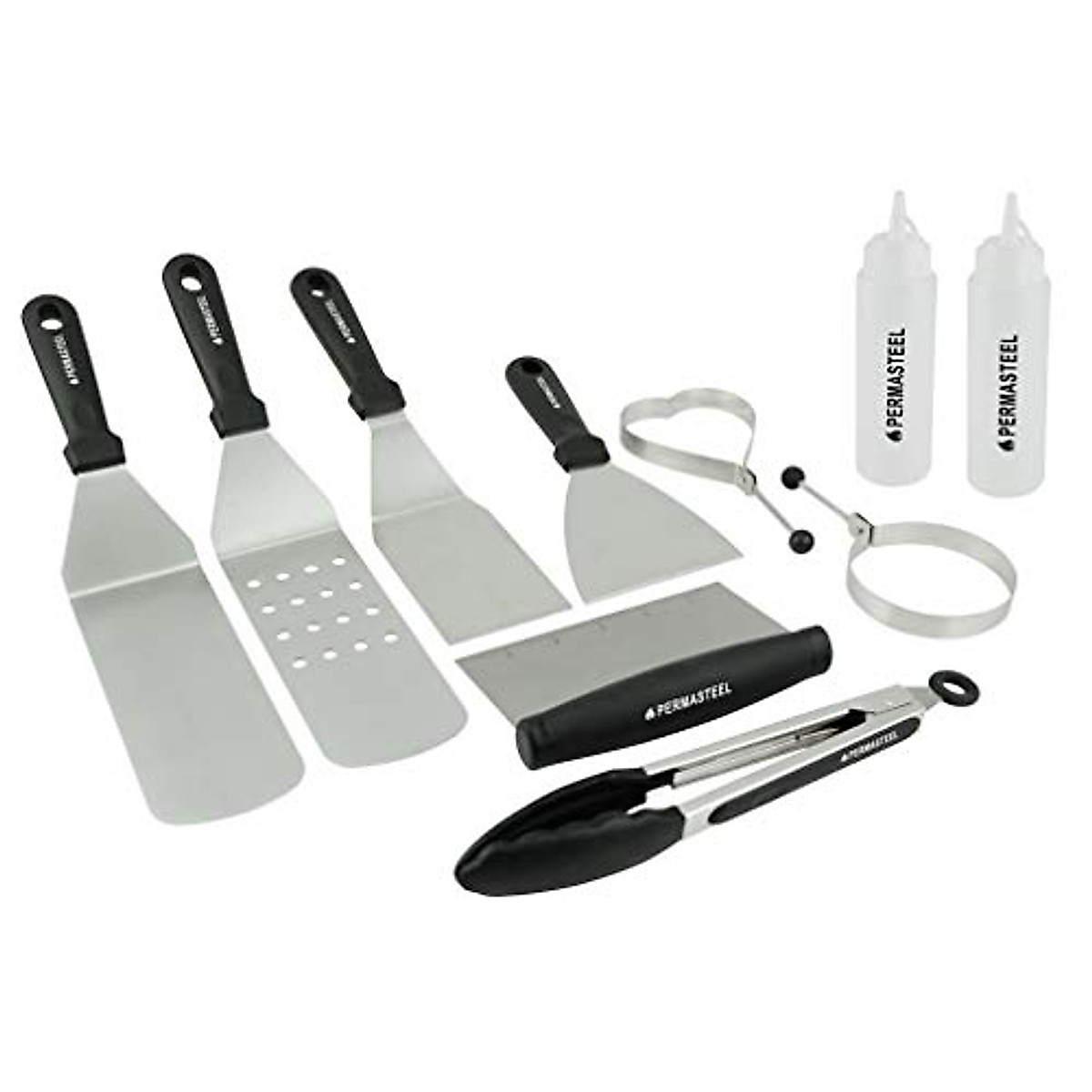 Permasteel Griddle Accessories Kit for Flat Top Grills | 10-Pc Griddle Tool Set for Outdoor Griddle, PA-12003, Spatulas, Tong, Turner, Grill Scraper, Egg Rings, Squeeze Bottles