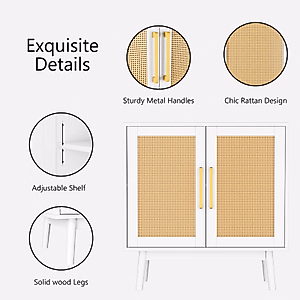 LYNSOM Sideboard Buffet Cabinet with Storage, Kitchen Buffet Cabinet with Rattan Doors and Adjustable Shelf, Small Storage Cabinet with Solid Wood Feetfor Hallway, Entry, Living Room, White