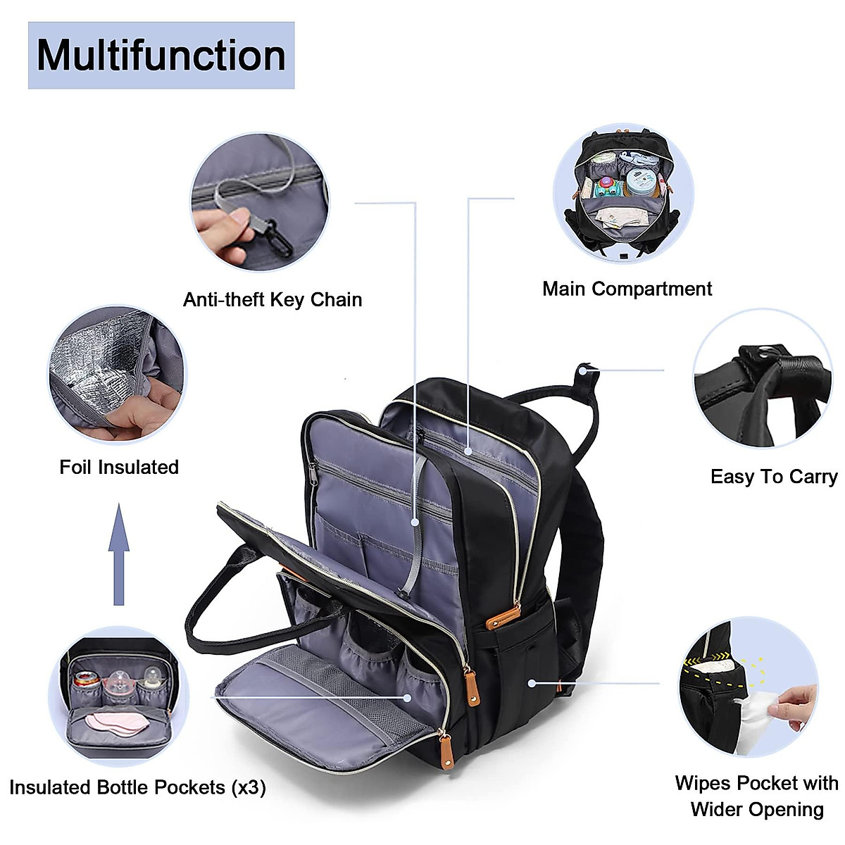 NUNET Diaper Bag Backpack Black W. Portable Changing Pad, Stroller Straps, Large Diaper Bag for 2 Kids (Girls/Boys), Multipurpose Lightweight Travel Back Pack for Moms Dads