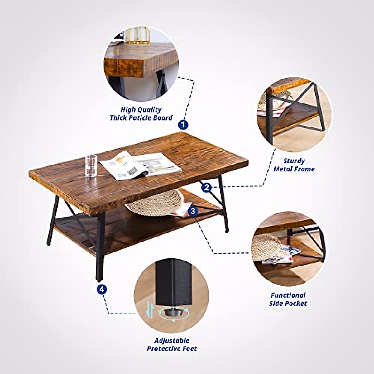 Olee Sleep Cocktail Table with Metal Legs, Rustic Brown