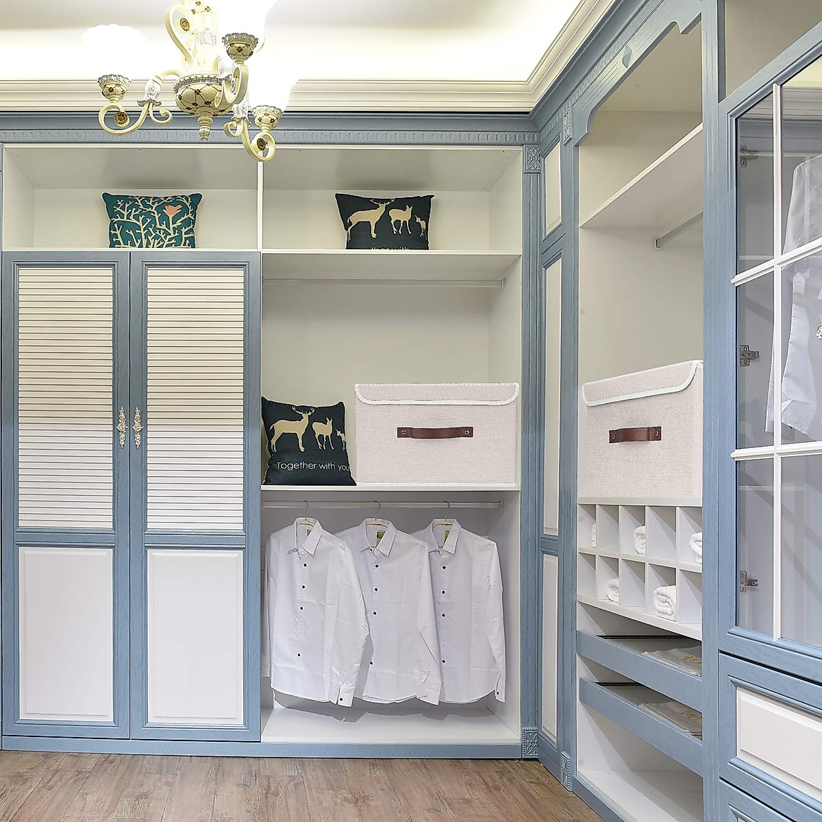 TYEERS Foldable Storage Boxes with Lids 5 Pack Fabric Storage Bins with Lids, Closet Organizers for Clothes Storage, Room Organization, Office Storage, Toys - Beige