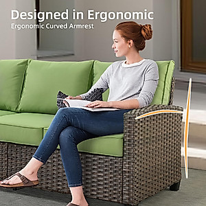 CAODOC Patio Furniture Set, 5 Pieces Outdoor Wicker Rattan Sofa Couch with Chairs, Ottomans and Comfy Cushions, All Weather High Back Conversation Set Garden Backyard, Brown Rattan Green Cushions