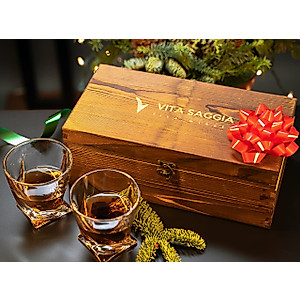 Luxury Whiskey Glass Set of 2, Gift Set in Wooden Box, Includes 9 Whiskey Ice Stones, Velvet Bag and Stainless Steel Tongs. Great Gift for Men, Dad, Christmas