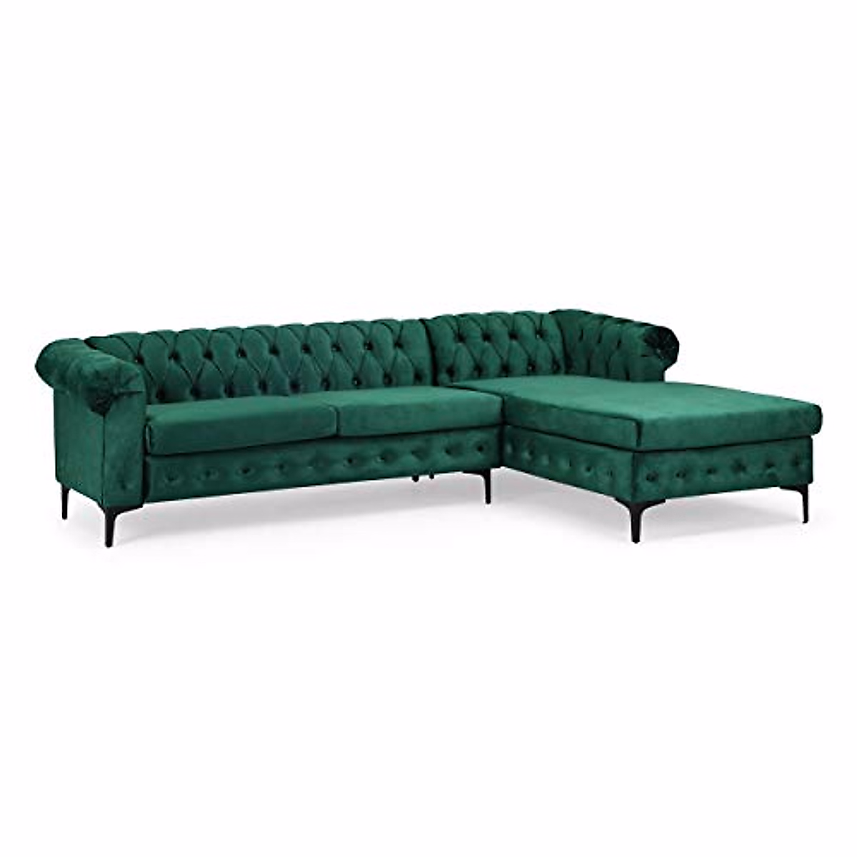 Christopher Knight Home Frieda Velvet 3 Seater Sectional Sofa with Chaise Lounge, Emerald, Black