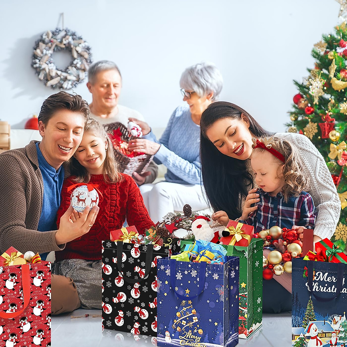 DECHISY 12Pack Small Christmas Gift Bags, Non-woven Reusable Christmas Bags,12 Different Style Christmas Tote Bags with Handles, Holiday Gift Bags for Christmas Presents, Kids, Xmas Party Favors