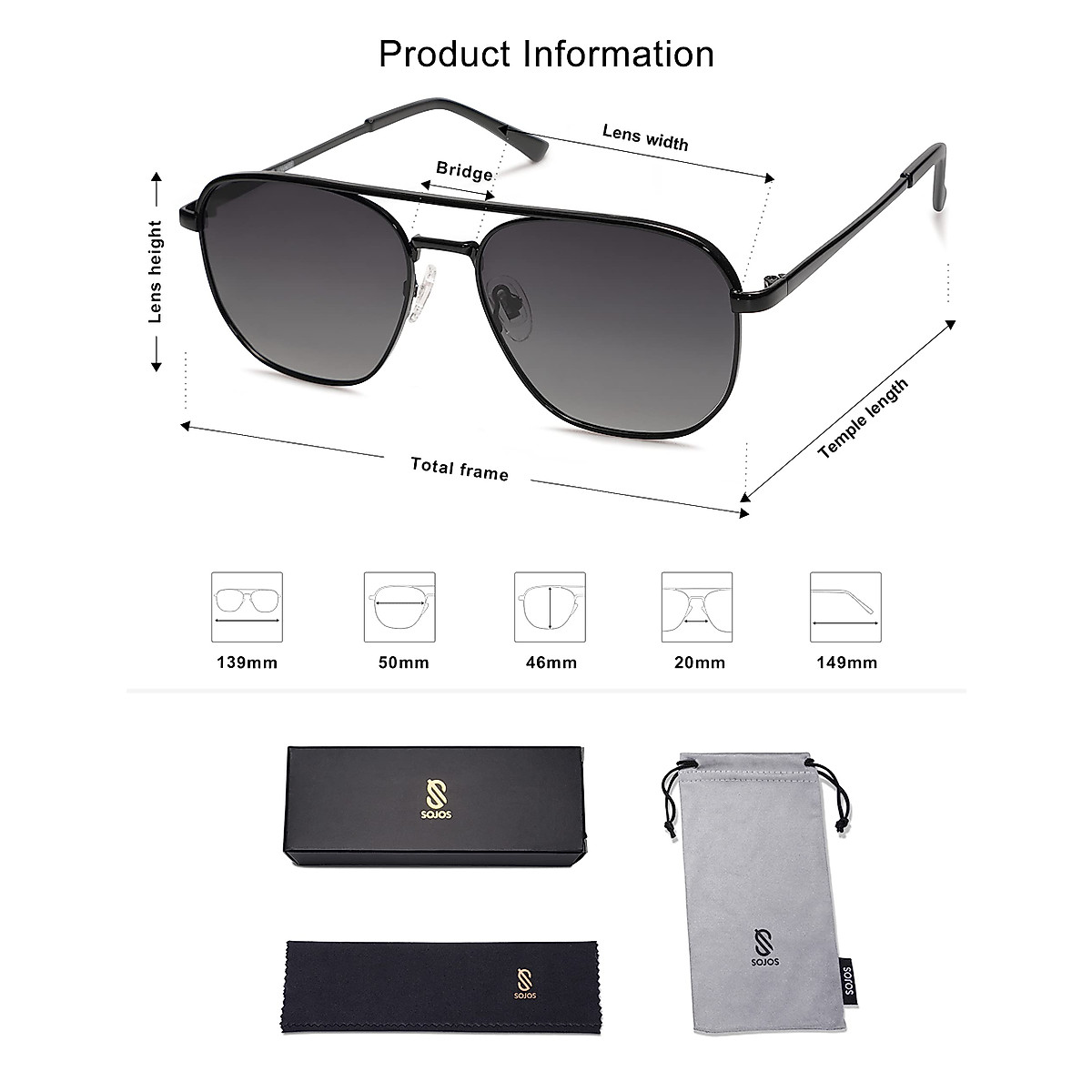 SOJOS Retro Aviator Polarized Sunglasses Womens Mens Vintage Square Shades Sun Glasses UV400 SJ1184 with Black/Grey Lens