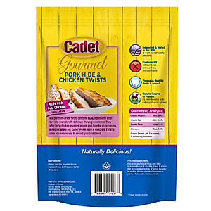 Cadet Gourmet Twists Sticks- Long Lasting & Natural Dog Treats for Large & Small Dogs Pork Hide & Chicken - Inspected & Tested in USA (22 Count)