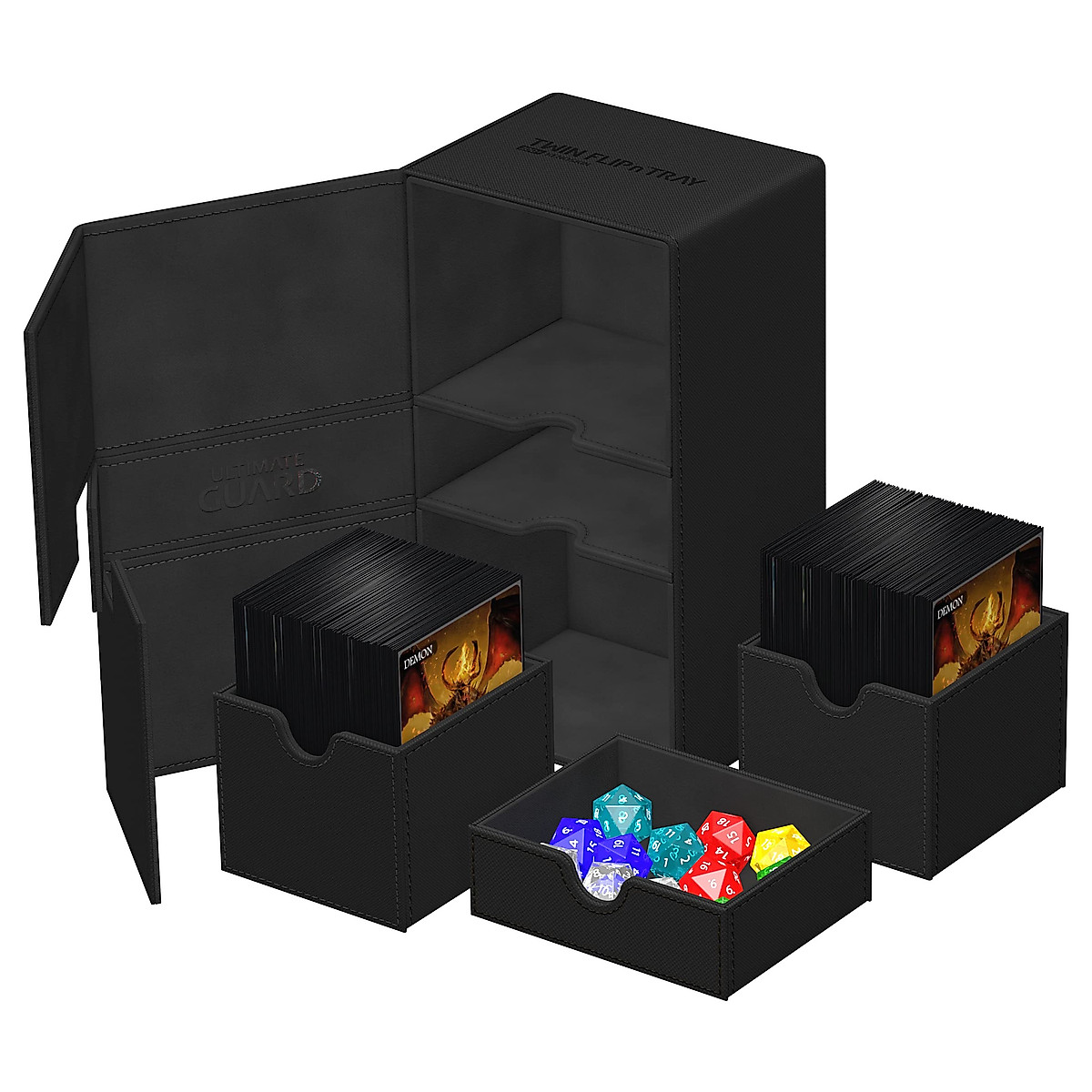 Ultimate Guard Flip 'n' Tray 200+, Deck Case for 200 Double-Sleeved TCG Cards + Dice Tray, Black, Independent Magnetic Closure & Microfiber Lining