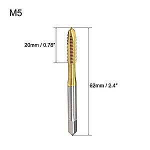 uxcell Spiral Point Plug Threading Tap M5 x 0.8 Thread, Ground Threads H2 3 Flutes, High Speed Steel HSS 6542, Titanium Coated, Metric Screw Taps Tapping Bit for Thread Repair, 2pcs