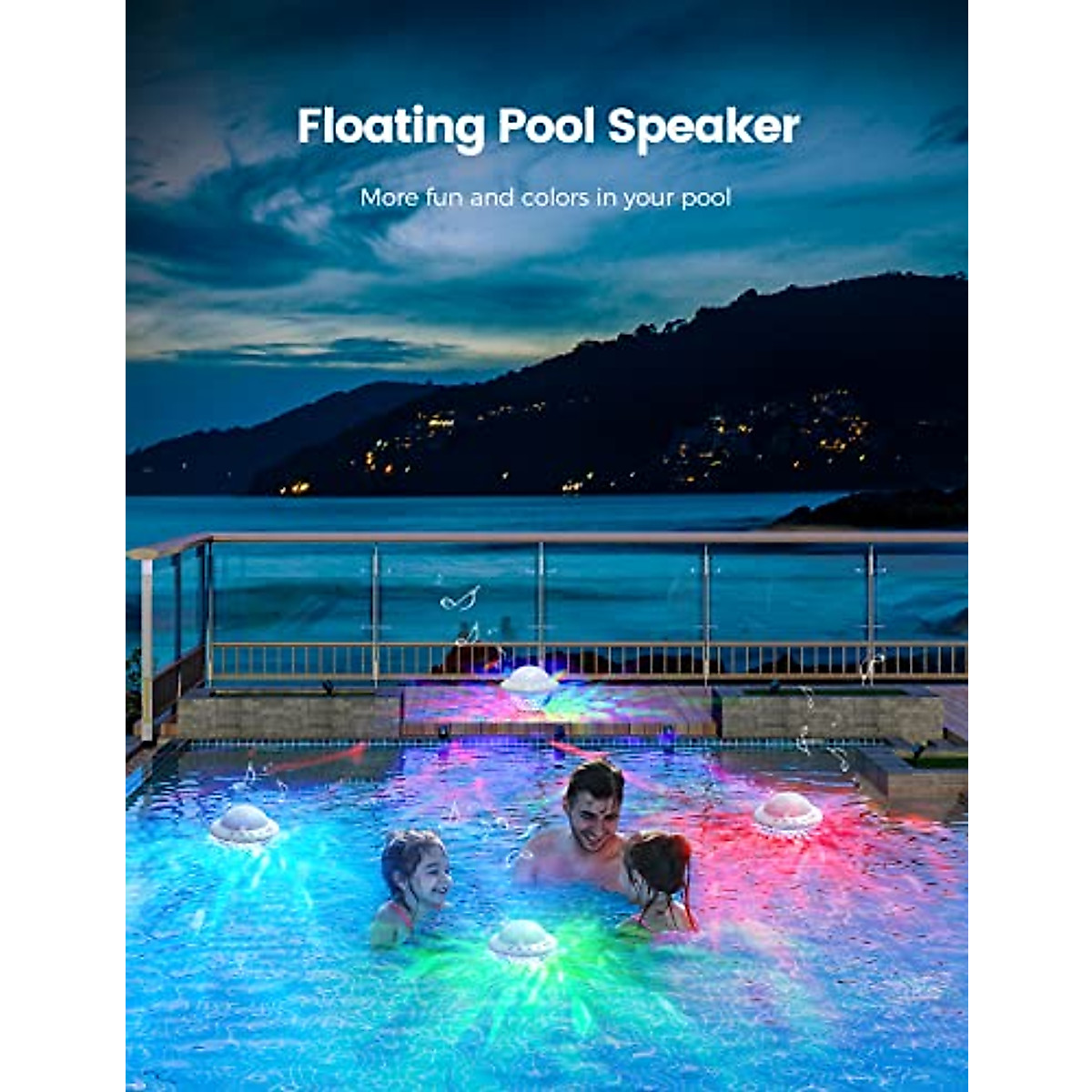 Floating Pool Speakers with Colorful LED Lights, IPX7 Waterproof Hot Tub Bluetooth Speaker, 10W Stereo Loud Sound, Built-in Mic, Portable Wireless Speakers for Shower Bathtub Outdoor Swim,Ideal Gifts