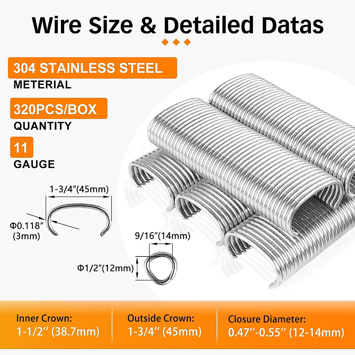 KIMSING - AC50 11 Gauge 304SS Hog Ring Staples, 320 Pcs/Box, 1 1/2" (38.7mm) Crown, C Type Staples for Gabion, Wire Cages, Fencing