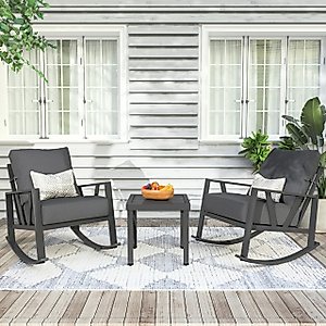 COMLAX FIELD Patio Porch Furniture Set, Patio Outdoor Rocking Chairs Set of 2 with Coffee Table, 3 Piece Metal Outdoor Patio Furniture Set, Small Patio Bistro Conversation Set, Grey